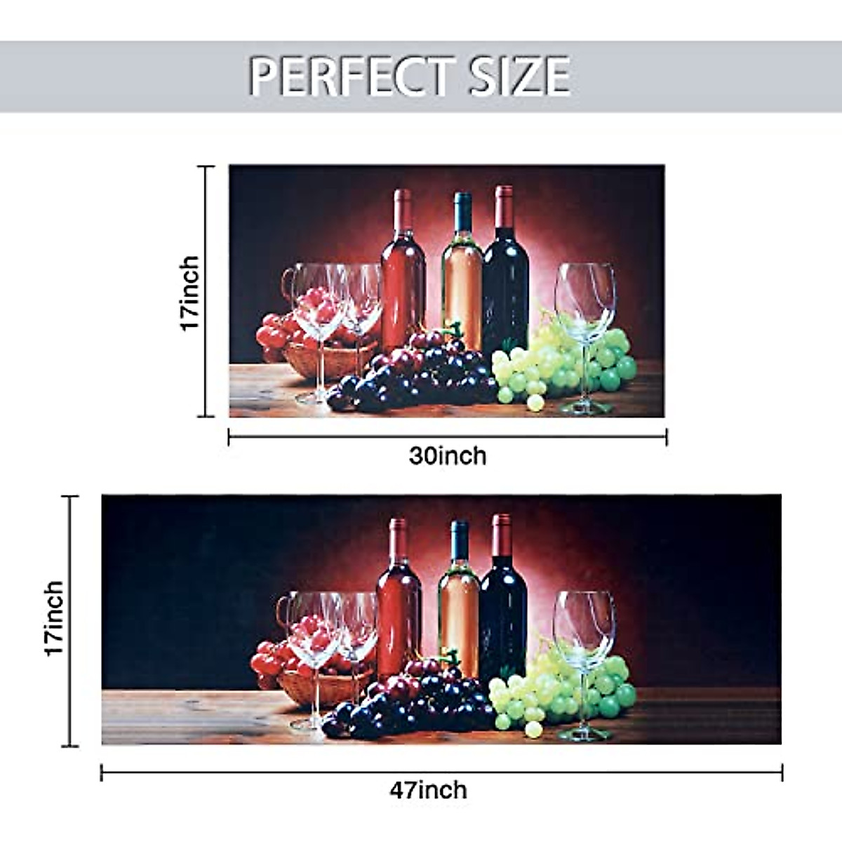 DOZARMOTA Red Wine Kitchen Rug 2 Piece Set, 3D Wine Kitchen Rugs and Mats Non Skid Washable for Floor Anti-Fatigue Kitchen Mat, Wine Glass Kitchen Decor Mat 17"x47"+17"x30"