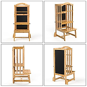 DORPU Learning Step Stool for Kids, Adjustable Height Toddler Kitchen Standing Tower with Double-Side Art Board, Natural