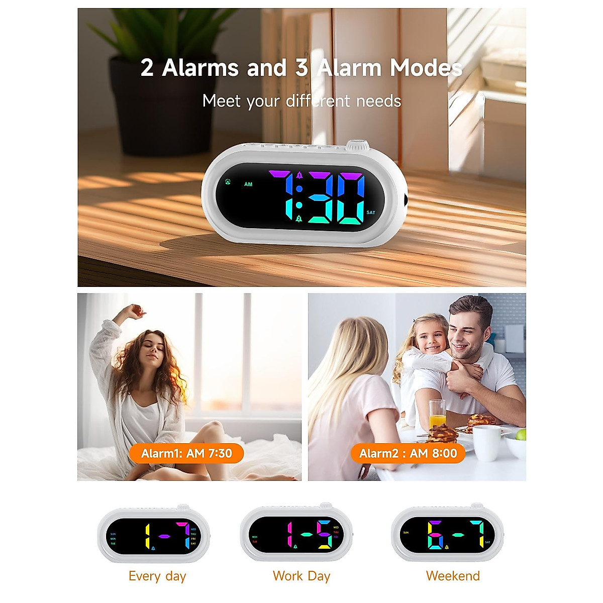 OCUBE Digital Alarm Clocks for Bedrooms with Wake Up Light,Colorful Bedside Clock Mains Powered with Night Light,Dual Alarms,100dB Super Loud,USB Charger,Snooze for Teens Kids Boys Girls Seniors