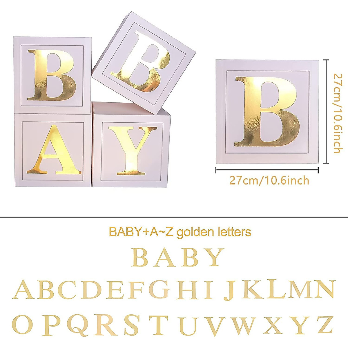 Baby Shower Boxes Party Decorations - 4pcs Stereoscopic White Baby Balloon Boxes with Gold Baby+A-Z Letters,Baby Party Boxes Baby Blocks for Teddy Bear Baby Shower,Boy Girl 1st Birthday Party Backdrop