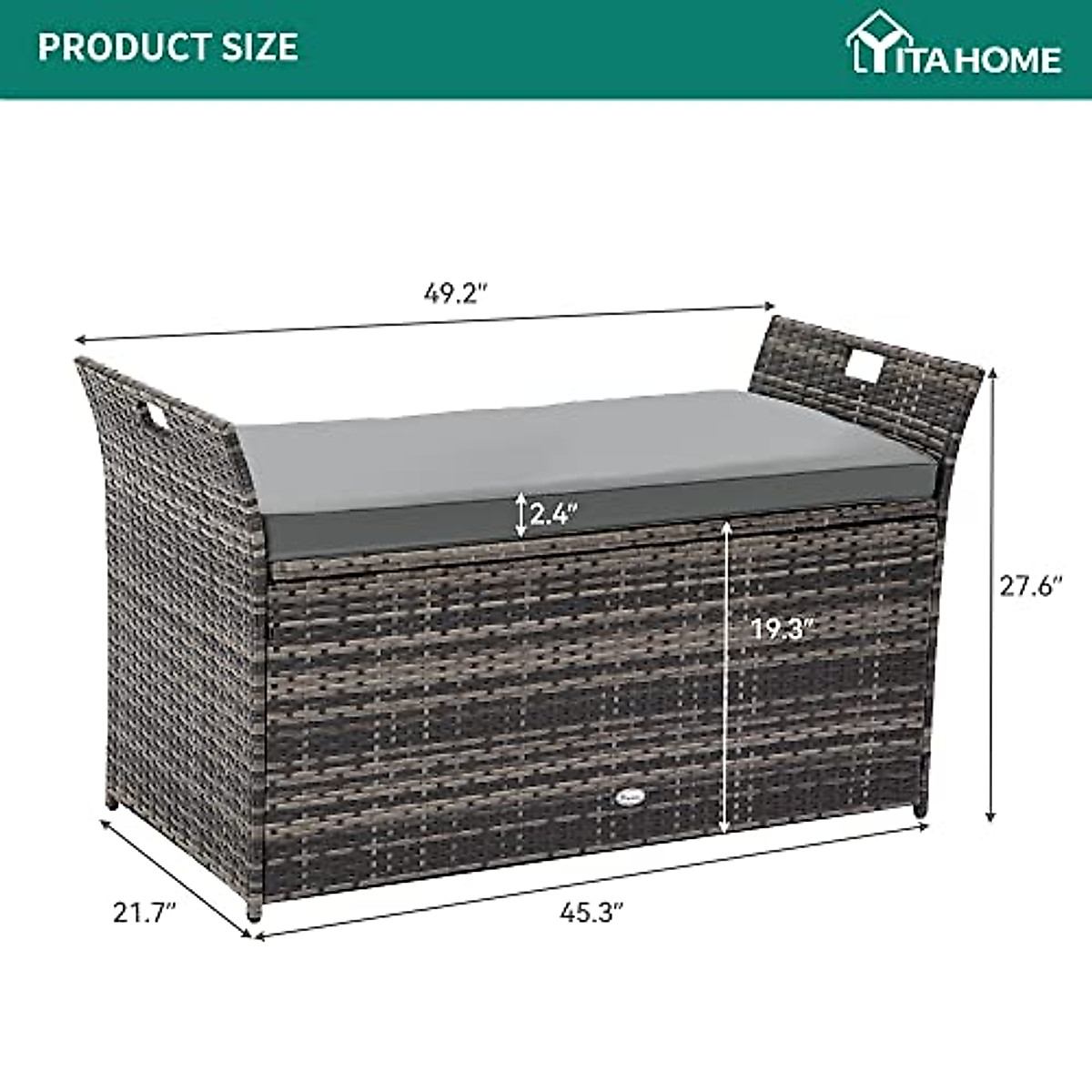 YITAHOME 90 Gallon Outdoor Wicker Storage Bench w/Cushion, Large PE Rattan Deck Storage Box w/Handles & Hydraulics for Patio Furniture, Cushions, Garden Tools, Pool & Sports Equipment, Gray