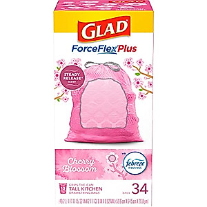 Glad ForceFlexPlus Tall Kitchen Drawstring Trash Bags, 13 Gallon Trash Bag, Febreze Cherry Blossom, 34 Count