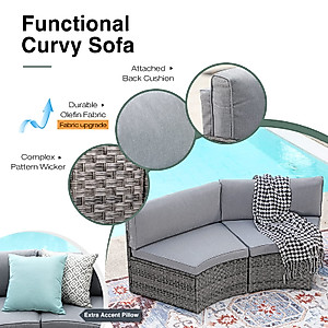 SUNSITT Outdoor Patio Furniture 11-Piece Half-Moon Sectional Round Set Curved Sofa with Tempered Glass Coffee Table, 4 Pillows, Grey Rattan