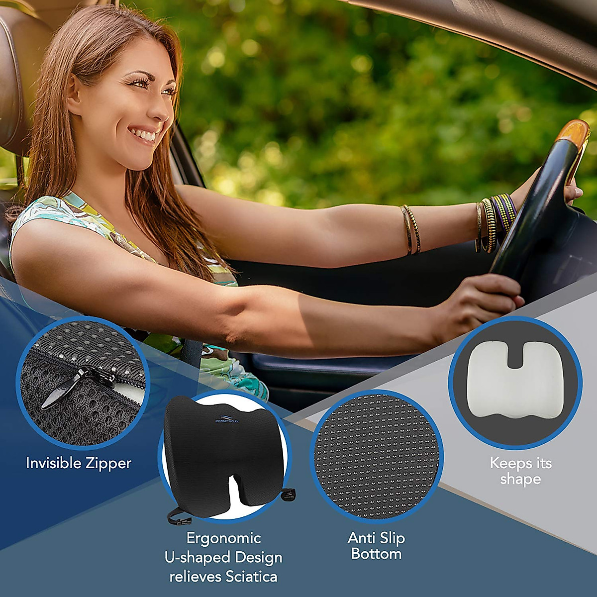 DEFACTOFLEX Seat Cushion for Office Chair with Adjustable Strap - High Density Memory Foam - Comfortable Coccyx, Tailbone and Sciatica Pillow for Office Chair, Wheelchair, Car Seats