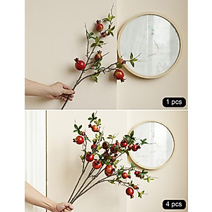 Forlaoers 4pcs 31" Tall Red Berries Pomegranate Faux Plants Stem Fake Tree Branches with Fruits Leaves Artificial Flowers for Outdoors Home Decor Office Fall Wedding Engagement Party Decorations