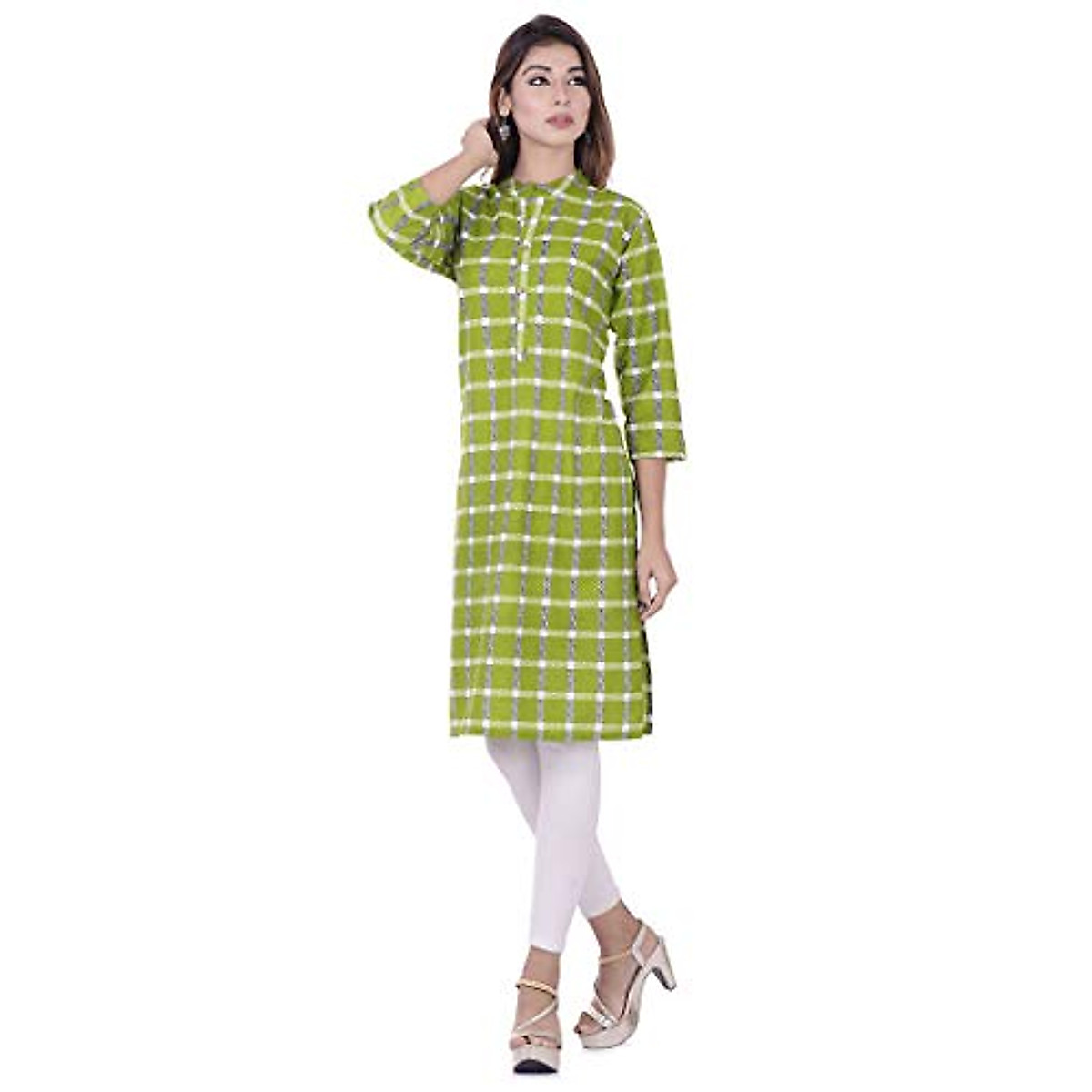 Chichi Women's Indian Checks Cotton Kurti Top, Green, XX-Large