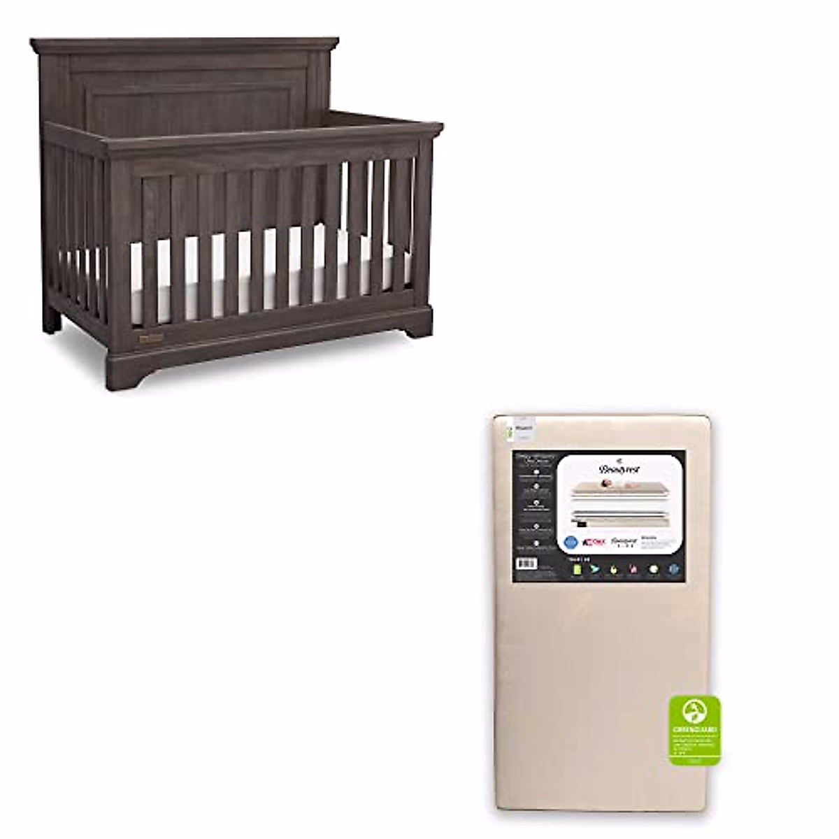Simmons Kids SlumberTime Paloma 4-in-1 Convertible Baby Crib & Ultra Deluxe 2-in-1 Innerspring Crib and Toddler Mattress, Rustic Grey