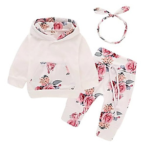 CETEPY Baby Girl Clothes Outfits Newborn Infant Long Sleeve Hoodie + Pants + Headbands White Flower 6-12 Months/80cm