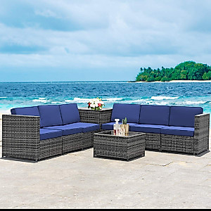 Tangkula 8 PCS Outdoor Patio Furniture Set, Rattan Wicker Sofa Set, Sectional Sofa Couch Conversation Set w/Storage Table and 12 Zippered Cushions for Garden Backyard Poolside (Navy)