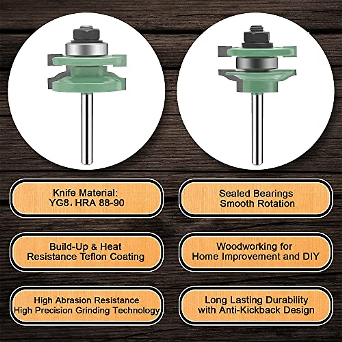 LEATBUY 1/4-Inch Shank Raised Panel Router Bit Set 3 PCS, Round Over Cabinet Door Rail and Stile Router Bits, Woodworking Wood Cutter, Wood Carbide Groove Tongue Milling Tool(1/2-H Double)
