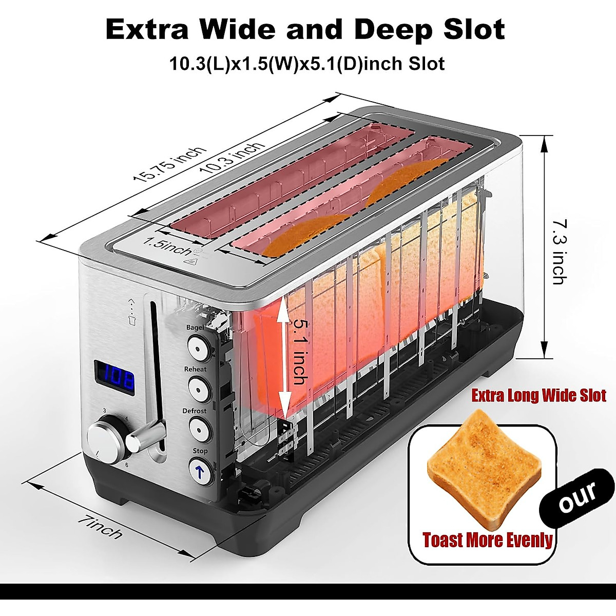 DOWYLIK Toaster 4 Slice, Extra-Wide Long Slot 4 Slice Toaster with Countdown Timer, Bagel/Reheat/Defrost/Cancel Functions, 6 Browning Setting, 1500W Brushed Stainless Steel