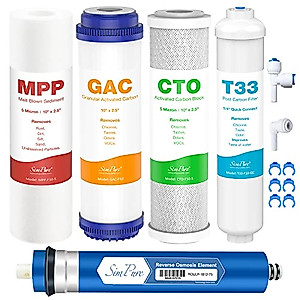 SimPure 5-Stage Reverse Osmosis Replacement Filter Set with 75 GPD RO Membrane, 5pc Pre & Post Replacement Cartridge Pack Kit for Standard 5-Stage Reverse Osmosis RO Systems