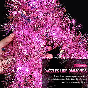Canlierr 20 Feet Pink Christmas Tinsel Garland with LED Lights for Tree Hanging Decorations Party, Birthday, Weddings, Different Season Indoor Outdoor Events