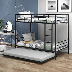 GINGVAT Twin Over Twin Metal Bunk Bed with Trundle and Ladder,Metal Bunk Bed Can be Divided into Two beds,No Spring Box Needed,for Bedroom,Apartment,Black
