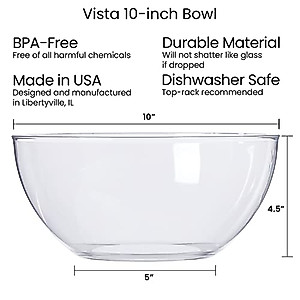 US Acrylic Vista Clear Plastic Salad and Serving 10-inch Bowls | set of 3 | Reusable, BPA-free, Made in the USA | 135 oz. capacity