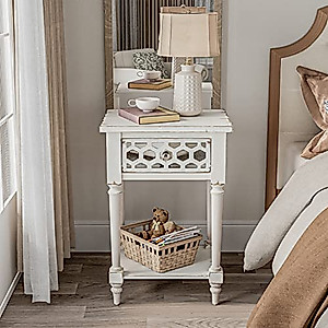 COSIEST End Table Sets of 2, Small Vintage Nightstand, Farmhouse Accent Table, Wood Grain Bedside Table with Mirrored Drawer and Open Display Shelf for Bedroom, Living Room, White