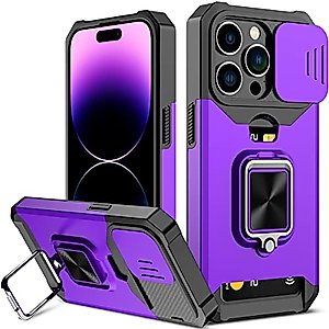 Nvollnoe for iPhone 14 Pro Case with Sliding Camera Cover and Card Holder Heavy Duty Protective iPhone 14 Pro Case with Ring Magnetic Kickstand Phone Case for iPhone 14 Pro 6.1 inch(Purple)