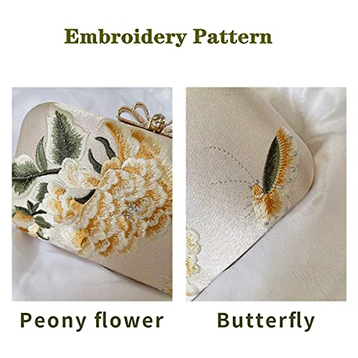 AININTON Women Embroidered Bag Silk Shoulder Bag Rectangle Handbag Champaign Gold Crossbody Bag with Pearl Chain for Wedding Party Banquet