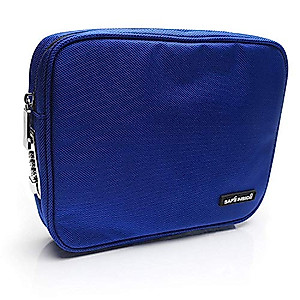 Safe Inside, Locking Privacy Pouch with Steel Tether Cable, Medium, Blue