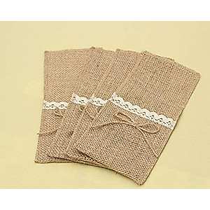 Topmodehome Burlap Cutlery Holders Lace Utensil Pouch Knifes Forks Bag for Vintage Natural Wedding (4x8inch, Rope Bow)