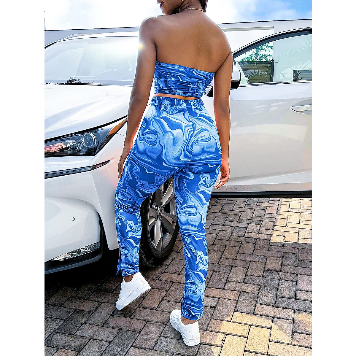 OYOANGLE Women's 2 Pieces Outfit Marble Print Crop Tube Top and High waist Legging Workout Yoga Set Royal Blue L