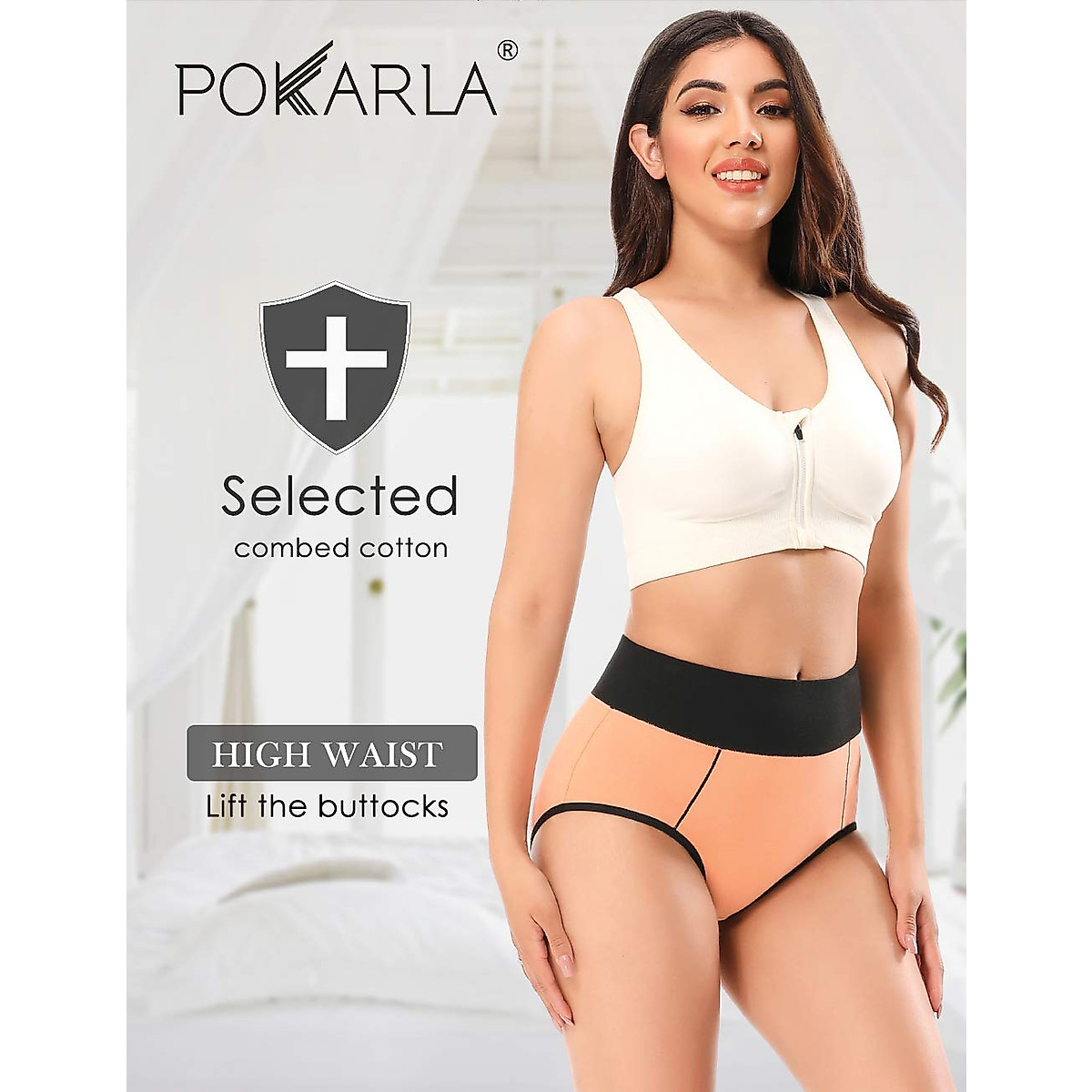 POKARLA Womens Cotton Underwear High Waist Full Coverage Briefs Soft Breathable Postpartum Panties Stretch Underpants Regular & Plus Size