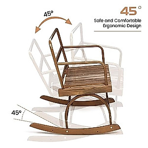 OLRIK Outdoor Rocking Chair, 2 Person Outdoor Rocking Chair with Coated Frame and Wooden seat Cushion, for Camping, Patio, Lawn, Garden, Yard or Balcony, Brown