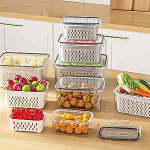 6 Pcs Large Fruit Containers For Fridge, Airtight Food Storage Containers with Removable Colander, Dishwasher & Microwave Safe, Berry Produce Container Keep Vegetable, Fruit, Meat Fresh Longer