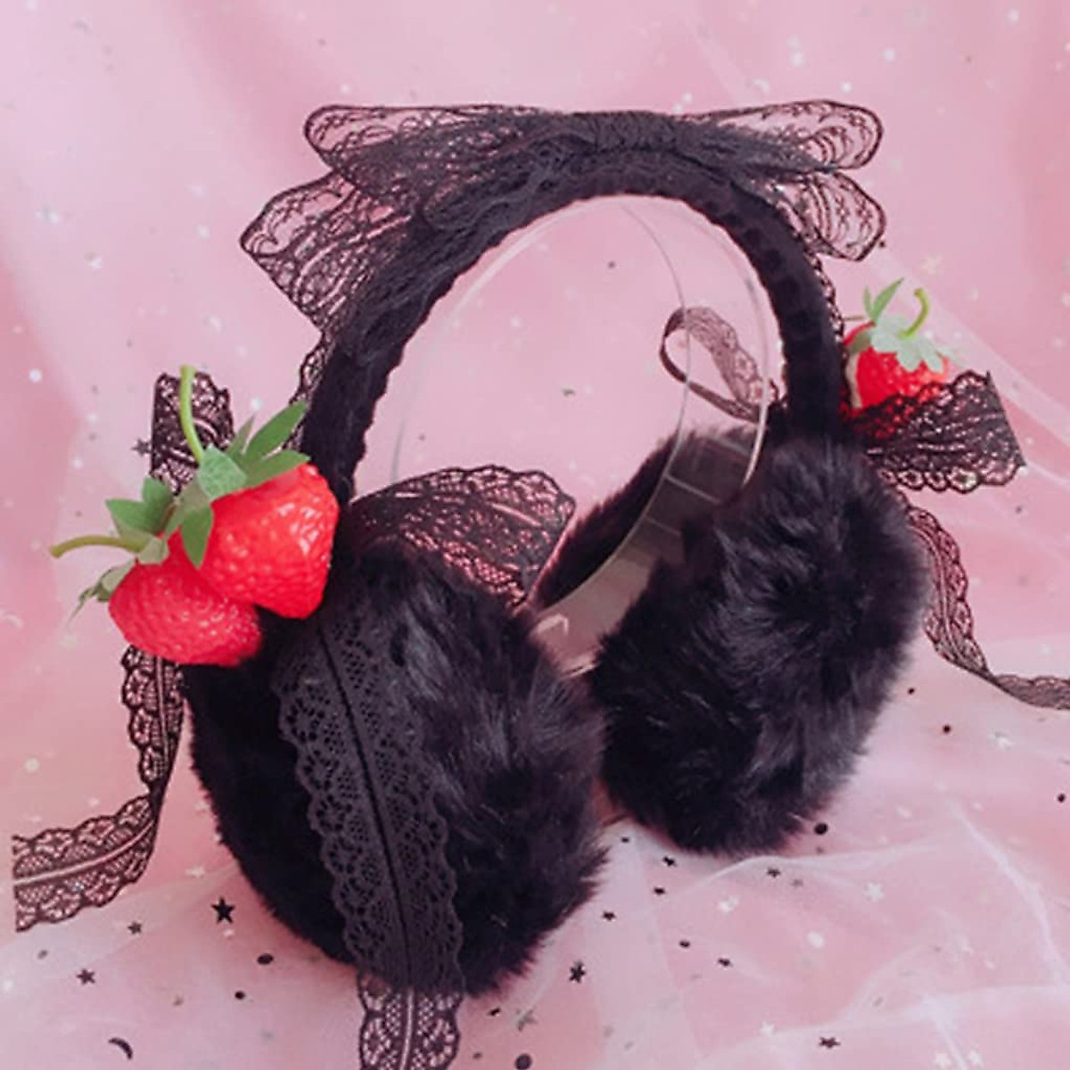 kaixinbukaixin Ear Muffs Cat Ear White Strawberry Black Lolita Cute Ear Muffs Winter Ear Warmers Faux Fur Outdoor Ear Covers,White Strawberry