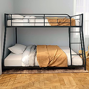CITYLIGHT Metal Bunk Bed Twin Over Full Size, Heavy Duty Floor Bunk Beds Frame with Security Guardrail and Ladder for Adults, Teens, Kids, Dormitory, Bedroom, No Box Spring Needed, Black