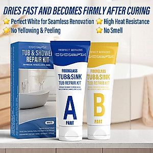 Bathtub Repair Kit White, Bathtub Enamel and Fiberglass Tub Repair Kit, Fix Chips, Patches, Cracks, Peelings, Holes & Scratches on Bathtub, Tile, Shower, Tray in Bathroom, for Acrylic, Porcelain