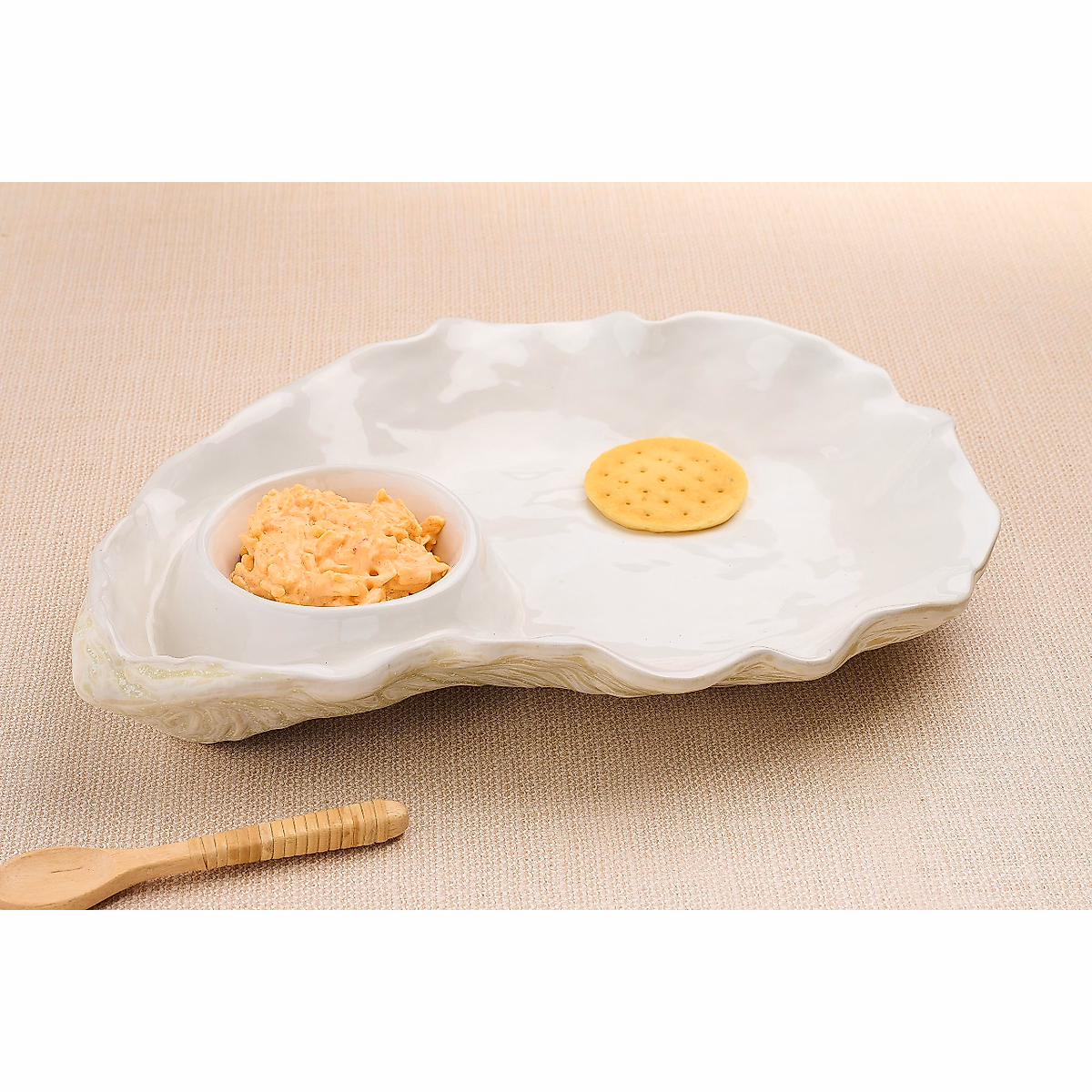 Mud Pie Oyster Chip and Dip Set, White, server 8 1/2" x 12" | spoon 5"