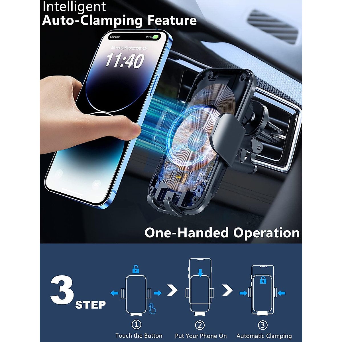 Wireless Car Charger for Samsung Galaxy Z Flip, 15W Charging [AUTO Moving Coil], Dash Air Vent Auto-Clamping Car Phone Holder Charger Mount Wireless Charging for iPhone 15/14/13, Galaxy Z Flip 5/4/3