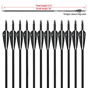 Musen 28"/30" Carbon Archery Arrows, Shaft Spine 500 with Removable Tips, GPI 13.0 Hunting and Target Practice Arrows for Both Compound Bow and Recurve Bow, 12 Pcs