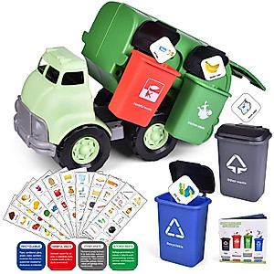FUN LITTLE TOYS Garbage Truck Toy with 4 Rear Loader Trash Cans and Garbage Illustrated Flash Cards, Waste Management Recycling Truck Toy for Kids