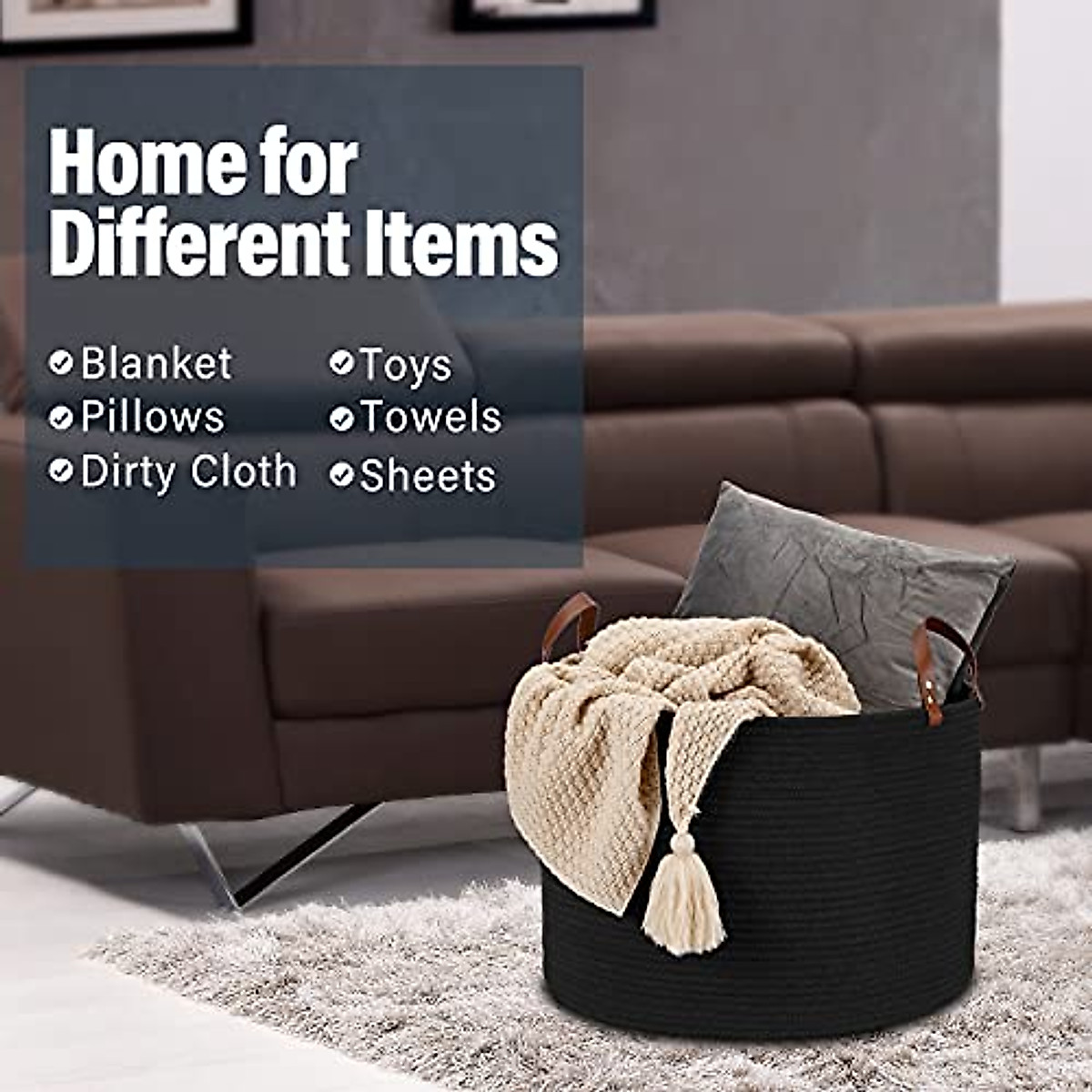 Cotton Rope Basket XXL Blanket Basket for Blankets Large Woven Storage Basket Round Rope Basket Black Toy Basket Woven Laundry Basket with Real Leather Handle, 20''X20''X13''