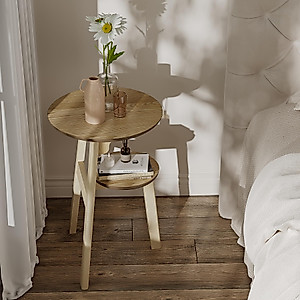 ChooChoo Round End Table Set of 2, Narrow Side Table for Small Spaces, Accent Table Night Stand with 2 Tier Shelf for Bedroom and Living Room, Natural