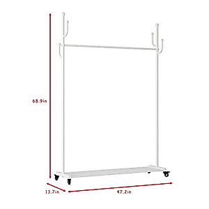 DR.IRON Rolling White Clothing Racks on Wheels,Metal White Clothes Racks with Shelves,Modern Coat Rack freestanding for Organizing Clothes and Shoes,bags,hats