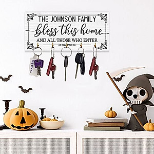 MUCHNEE Personalized Wooden Key Holder Wall Décor with Custom Family Name - Bless Home & People Enter, Key Ring Holder Hook Art with 5 Hooks for Wall, Entryway - Housewarming Gift for Family, Friends