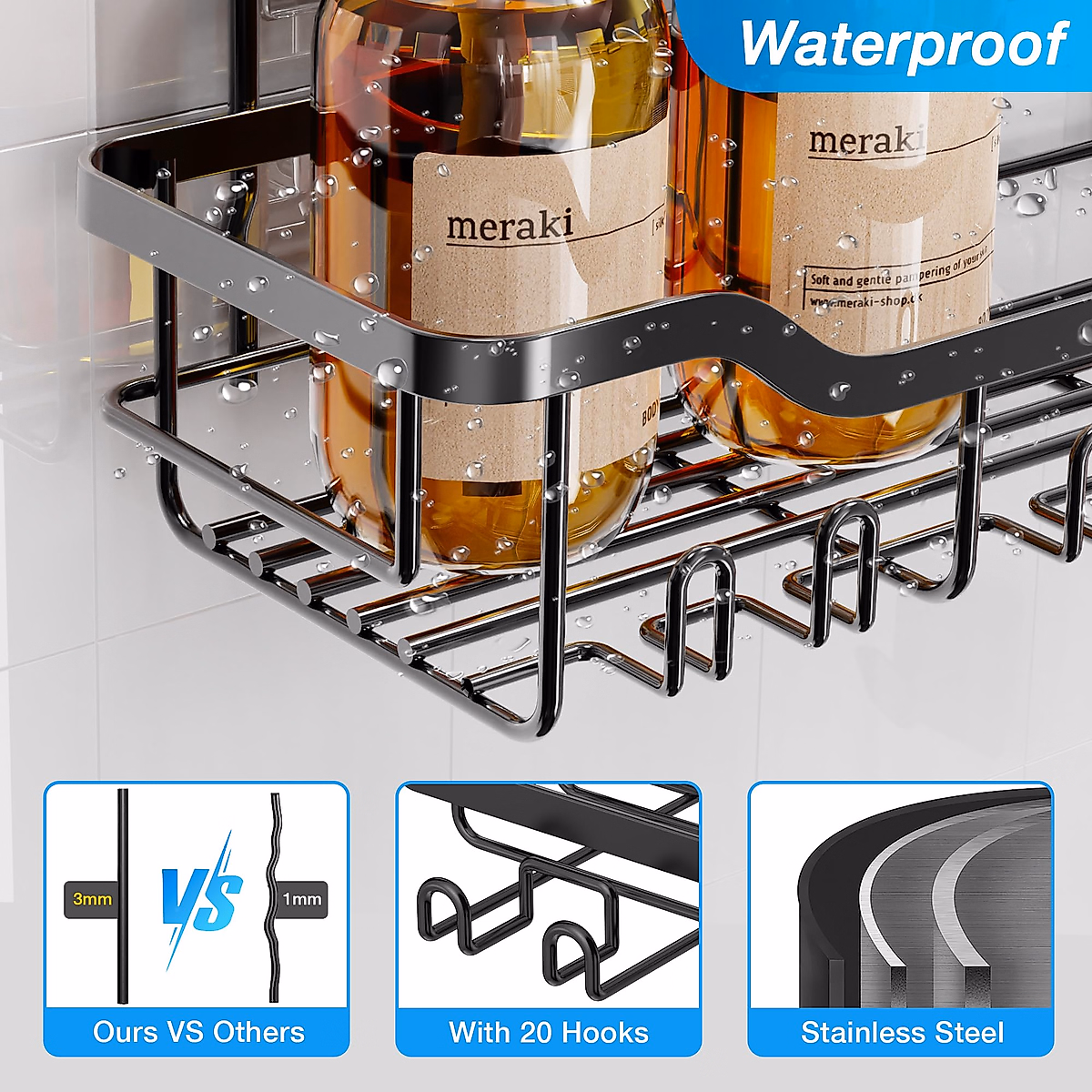 JELLYMONI Shower Caddies 7 PCS Black Stainless Steel Shower Shelves Adhesive Shower Organizer Extra Large Capacity Bathroom Shower Storage Rack Decor With Bath Sponges Towel Hooks