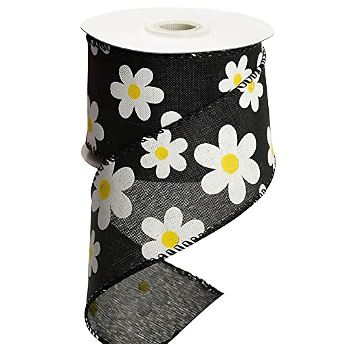 TONIFUL 2.5 Inch Wide Floral Pattern Wired Edge Ribbon Daisy Flowers Black Canvas Cloth Fabric Ribbons Roll 10 Yards for Crafts Bows Wreath Home Decor Hair Accessories Gift Wrapping