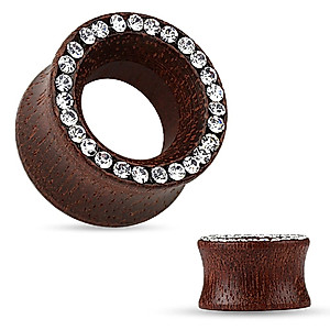 Pierced Owl Organic Rose Wood Crystal Paved Rim Double Flared Tunnel Plugs, Sold As Pair (10mm (00GA))