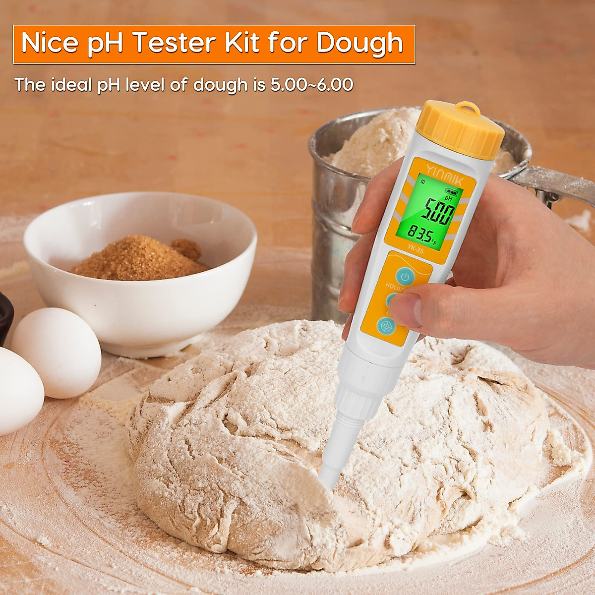 YINMIK Food pH Meter with Extra pH Replaceable Probe,Digital pH Tester for Sourdough and Bread,Food pH Tester for Meat,Canning,Cheese,Solid Samples, Soft Soil and Water…