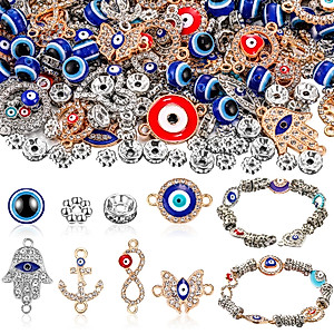 450 Pieces Evil Eye Beads Blue Evil Eye Charms Rondelle Spacer Beads Mix Alloy Enamel Evil Eye Charms Jewelry Connectors Silver Flower Beads for DIY Craft Bracelet Necklace Jewelry Making