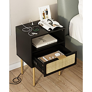 Aienvey Rattan Nightstand with Charging Station, Drawer Dresser for Bedroom, Small Bedside Table with Drawer, Night Stand, End Table with Gold Frame for Living Room, Black