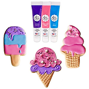 Ice Cream Cookie Cutters and Decorating 6-Pc. Set Made in USA by Ann Clark, Hard Ice Cream Cone, Soft Serve, Popsicle, Purple, Pink, & Sky Blue Food Coloring Gel