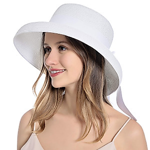 Muryobao Womens Sun Straw Hat Summer UV Protection Travel Foldable Wide Brim Bucket Hat Vintage Cloche Beach Fishing Cap UPF 50+ White