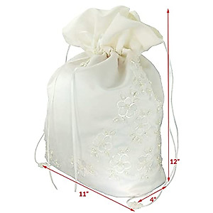ENCHANTED BRIDE Satin Bridal Wedding Money Bag (#E1D4MBiv) in LARGE Size with Pearl-Embellished Floral Lace for Receiving Envelopes and cards, Bridal Purse, and Other Special Occasions