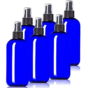 Aromine 8oz Plastic Cobalt Blue Bottles (6 Pack) BPA-Free Squeeze Containers with Spray Cap, Labels Included