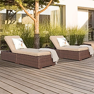 JOIVI Outdoor Patio Chaise Lounge Chairs Set of 2, PE Wicker Patio Pool Lounge Chairs Furniture Set of 2, Pool Lounger Brown Rattan Adjustable Backrest with Removable Beige Furniture Cushion